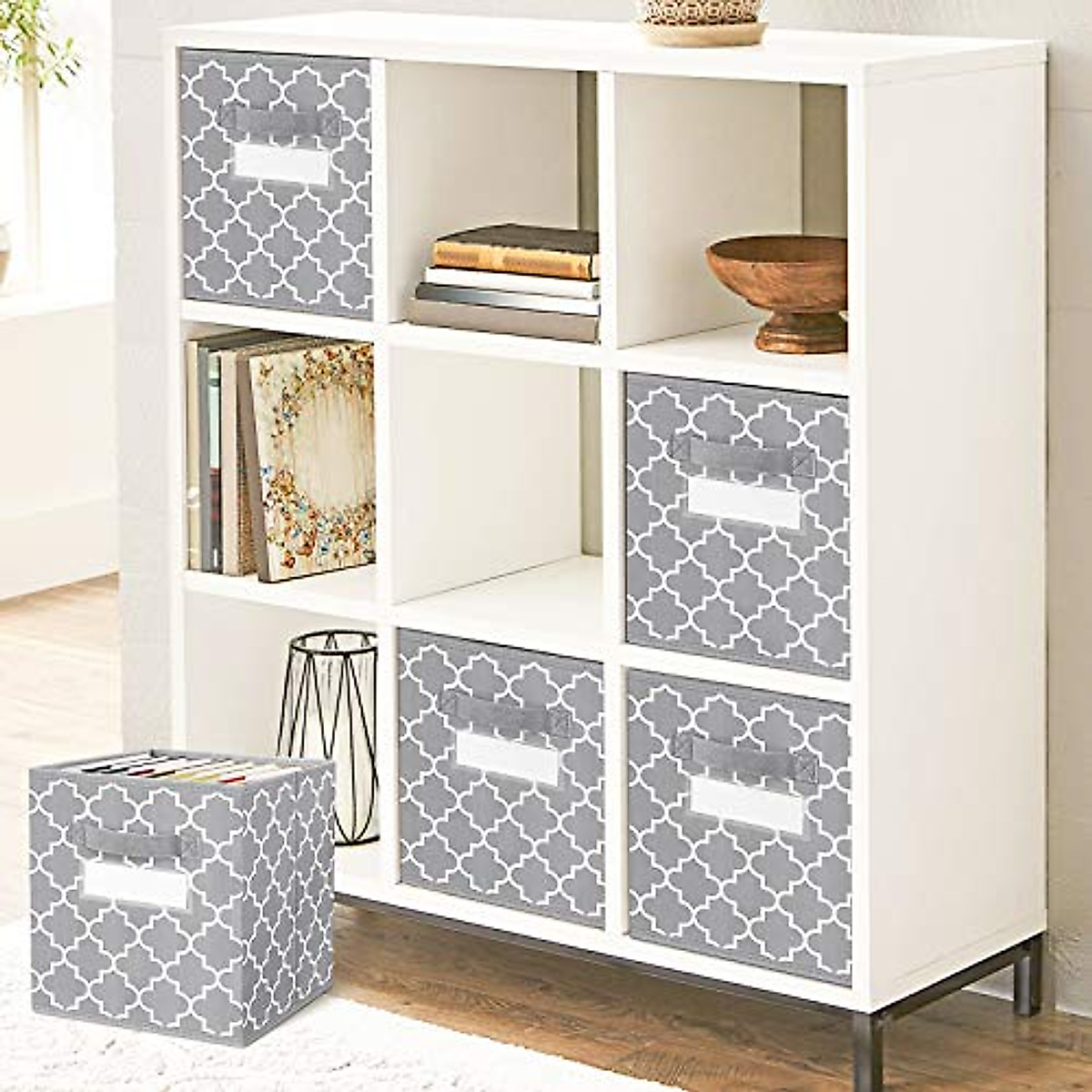 FabTotes Storage Bins 6 Pack Collapsible Storage Cubes, 11"x10.5"x10.5" Large Toy Book Organizer Boxes with Handles and Label Card & Label Holder, Baskets for Organizing Closet Shelves (Light Grey)