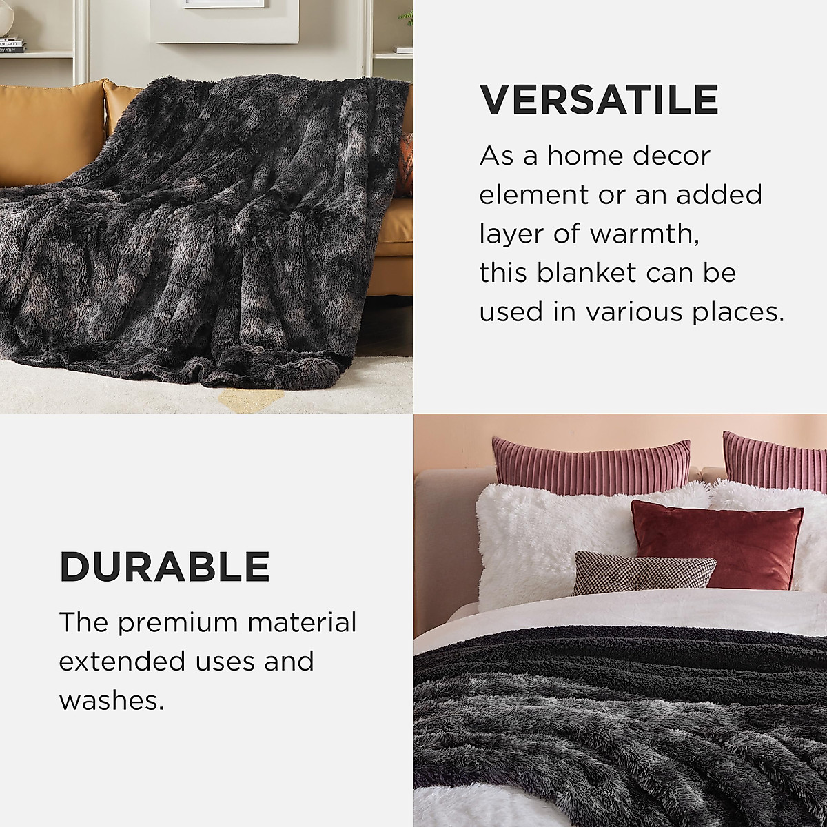 Bedsure Fluffy Tie Dye Black Blankets Queen Size for Bed, Thick Sherpa Faux Fur Fleece Fuzzy Plush Winter Warm Soft Full Queen Blankets, Bedroom Decor Black Gifts Cozy Gifts for Women Men, 90x90
