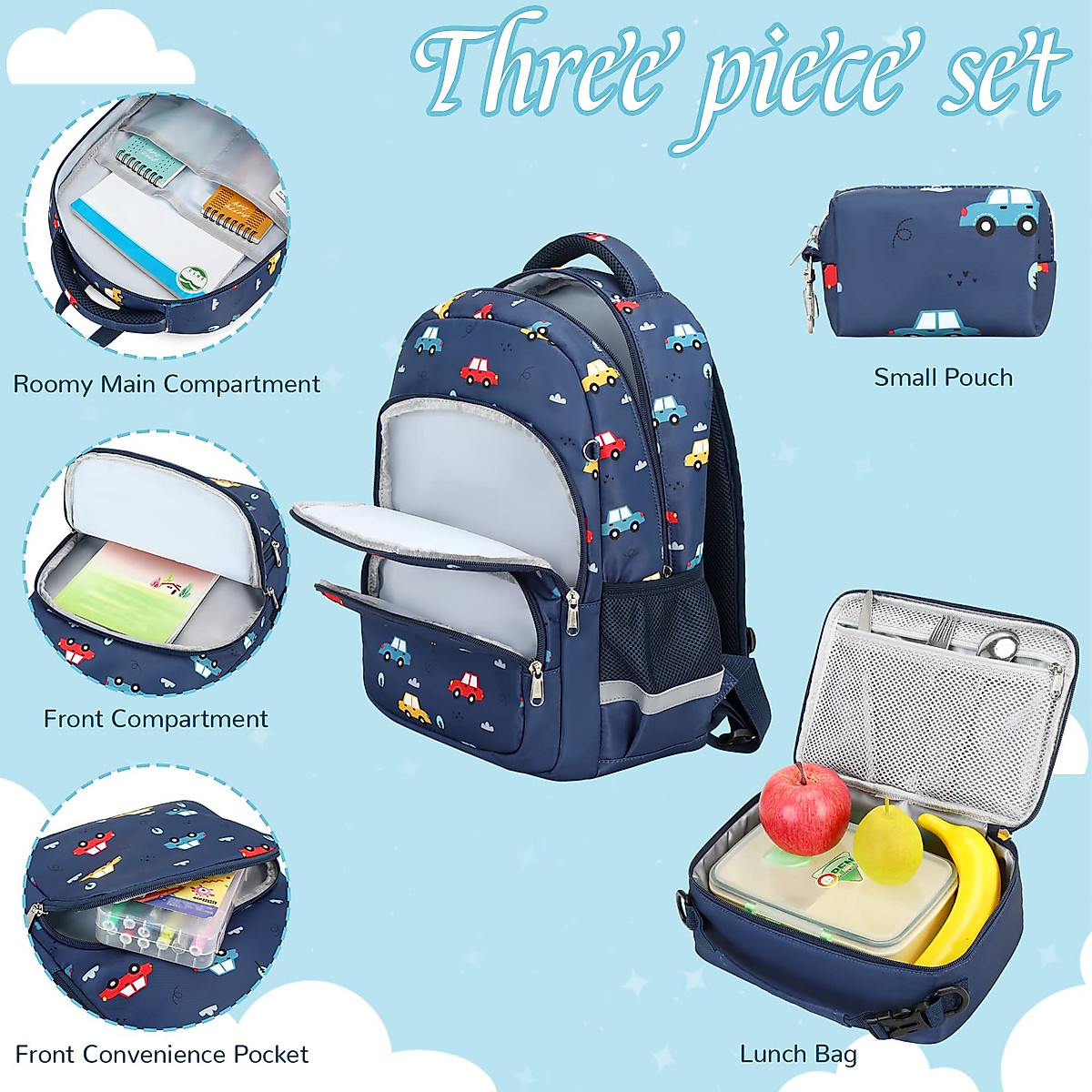 MIRLEWAIY Boys Backpack Purse Set Kids Space Rocket Printed School Bag 15.7 inch Multipocket Bookbag With Insulated Lunch Box And Coin Pouch, Dark Blue Rocket