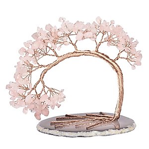 Sumgiftforall Handmade Natural Crystal Quartz Tree Tumbles Stone Bonsai Money Tree on Geode Agate Base Feng Shui Home Office Desk Decoration for Health and Luck, Rose Quartz