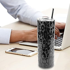 artlion 20 oz Leopard Tumbler Black Skinny Insulated Coffee Cup with Lid and Straw for Cold Hot Drinks