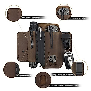 Leather Multitool Sheath, EDC Pocket Belt Organizer for Men with Flashlight Holster, Knife Sheath, Pen Holder and Keychain Clip (Brown)
