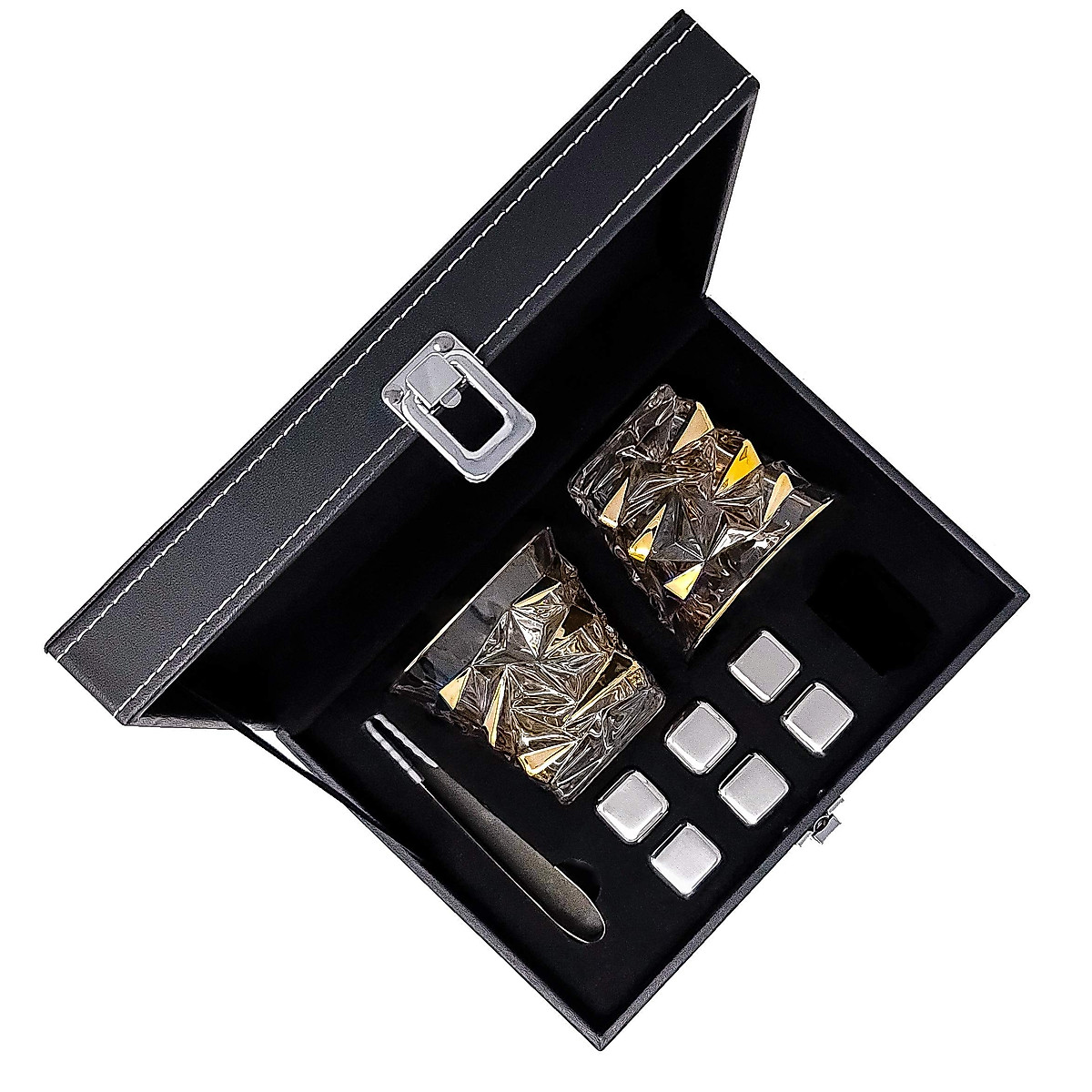 ROCKS Premium Crystal Whiskey Glass Set with Gilded Gold Glasses, Stainless Steel Chilling Stones and Quality Gold Serving Tongs. Great Gift for All Whiskey, Bourbon and Scotch Lovers!