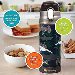 Bentology Stainless Steel 13 oz Shark Insulated Water Bottle for Boys - Easy to Use for Kids - Reusable Spill Proof BPA-Free, Fits in Most Lunch Boxes & Bags, Use for Summer Camp, Back to School