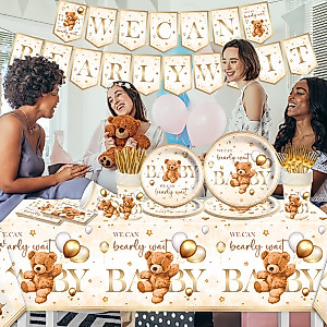 Teddy Bear Baby Shower Decorations for Boy-142Pcs We Can Bearly Wait Tableware,Brown Bear Theme Plates and Napkins Set Serves 20 Guests,Teddy Bear Baby Shower Birthday Party Supplies