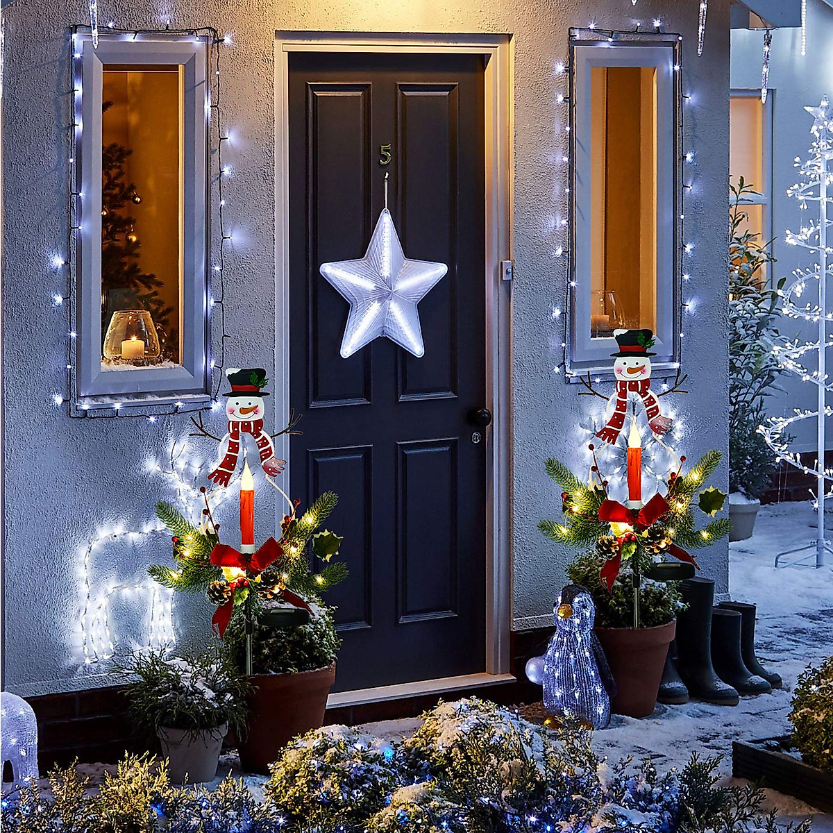 Doingart 2 Pack Solar Christmas Light Outdoor Decoration Clearance, LED Candle, Snowman Christmas Light with Faux Pine Cones, Foliage Accents Garden Decorative Stake