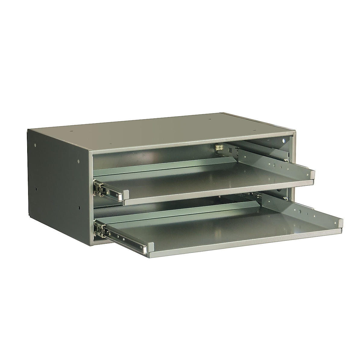 Durham 302B-15.75-95 Heavy Duty Bearing Slide Rack with 2 Large Compartment Boxes, 150 lbs Capacity, 15-3/4" Length x 20" Width x 8-1/8" Height, Gray Powder Coated Finish