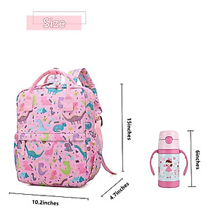 Cute Preschool Backpack Toddler School Book Bag for Girls Boys Kids Kindergarten Nursery Travel Bag with Chest Strap(15inch, Pink Dinosaur)