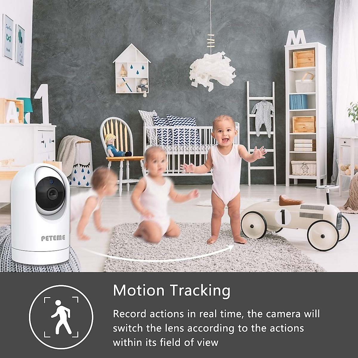 Peteme Video Baby Monitor with Camera and Audio, Baby Monitor 1080P Indoor WiFi Security Camera with Motion Detection Night Vision 2-Way Audio,Monitor Baby/Elder/Pet