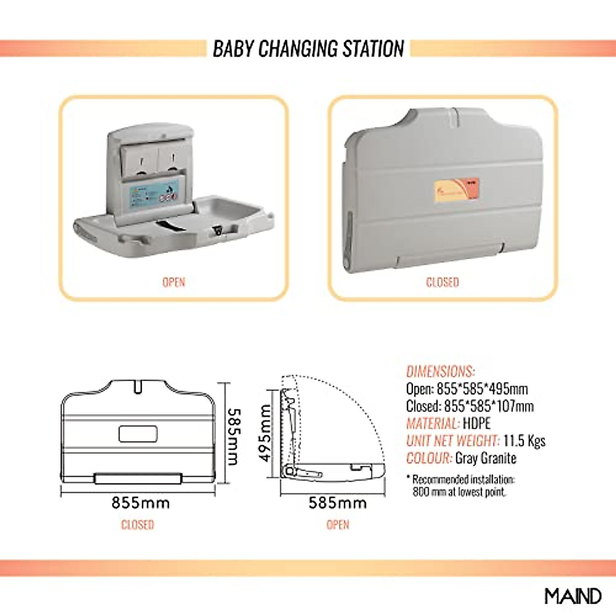 Baby Changing Station Wall Mounted, Diaper Changing Station, Fold Down Diaper Changing Table for Commercial and Public bathrooms