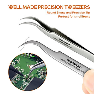 TOWOT Precision Tweezers, Stainless Steel Eagle Beak Tweezers for Craft, Electronics, Soldering, Medical and Experimental Work, Jewelry-Making, Non-Magnetic Curved Tweezers