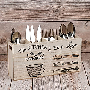 CBEYNCHOS Wooden Utensil Holder Cutlery Caddy,Flatware Organizers in Rustic Wood for Forks Spoons Knives Cooking Tools,Kitchen Table Decor for Party Bar Hotel and Home use