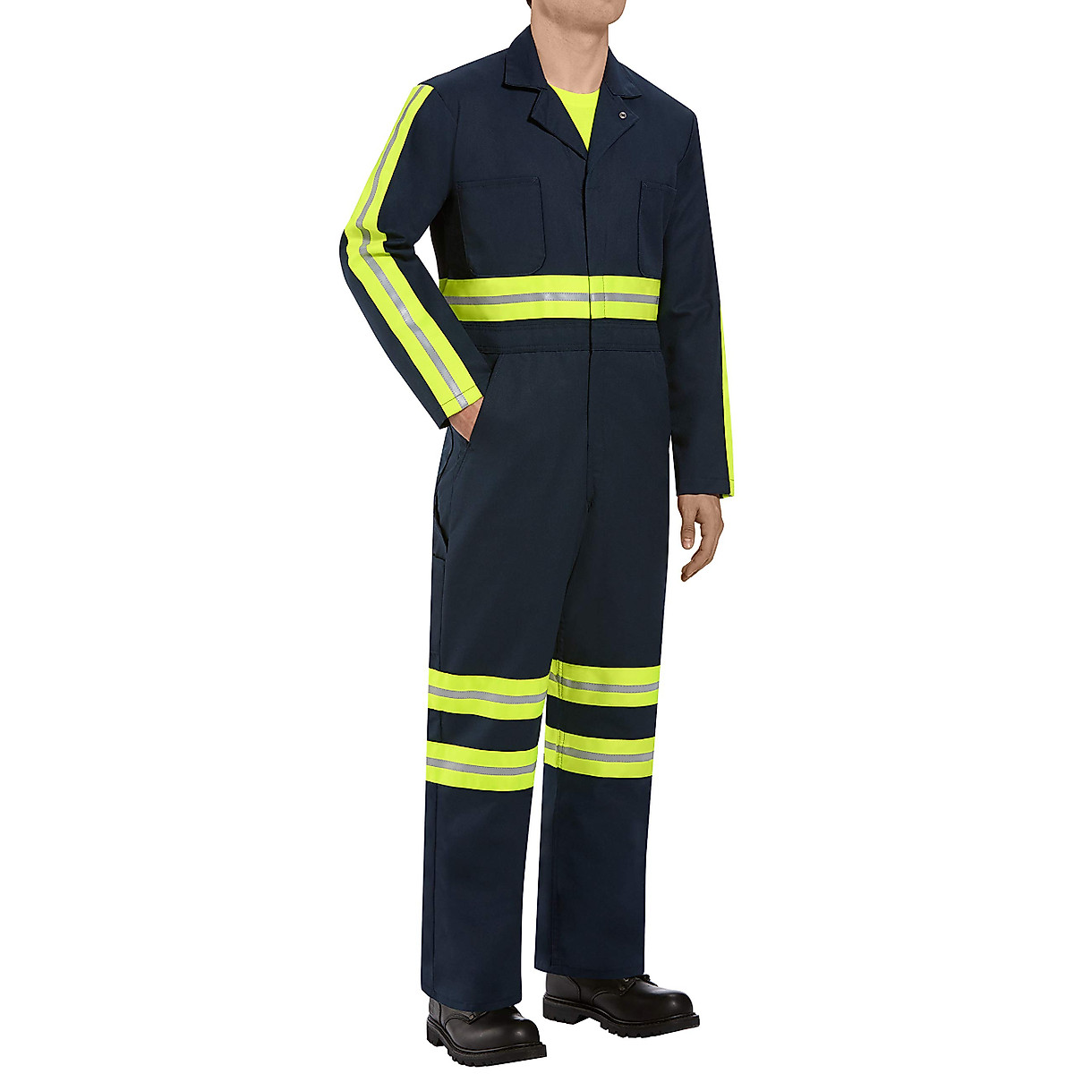Red Kap mens Enhanced Visibility Action Back Work Utility Coveralls, Navy With Yellow/Green Visibility Trim, 44 US
