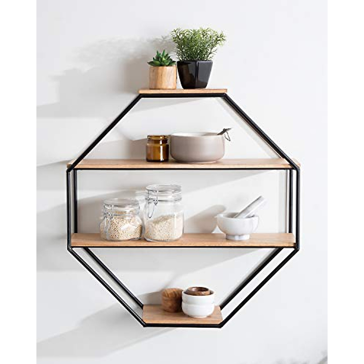 Kate and Laurel Lintz Farmhouse Octagon Wall Shelf, 24 x 24, Rustic Brown and Black, Modern 4-Tier Geometric Shelves for Wall