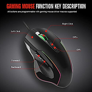 Yolispa Wired Mouse 7- Key Macro Programmable Gaming Mouse with Breathing Light 6400DPI Adjustable for PC Game Office Work