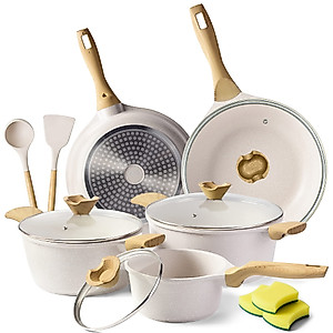 Caannasweis Nonstick Pots and Pans Set, Beige Granite Induction Kitchen Cookware Sets, 14 Pieces Non Stick Cooking Set, Large Capacity Saute Pan, PFOA Free