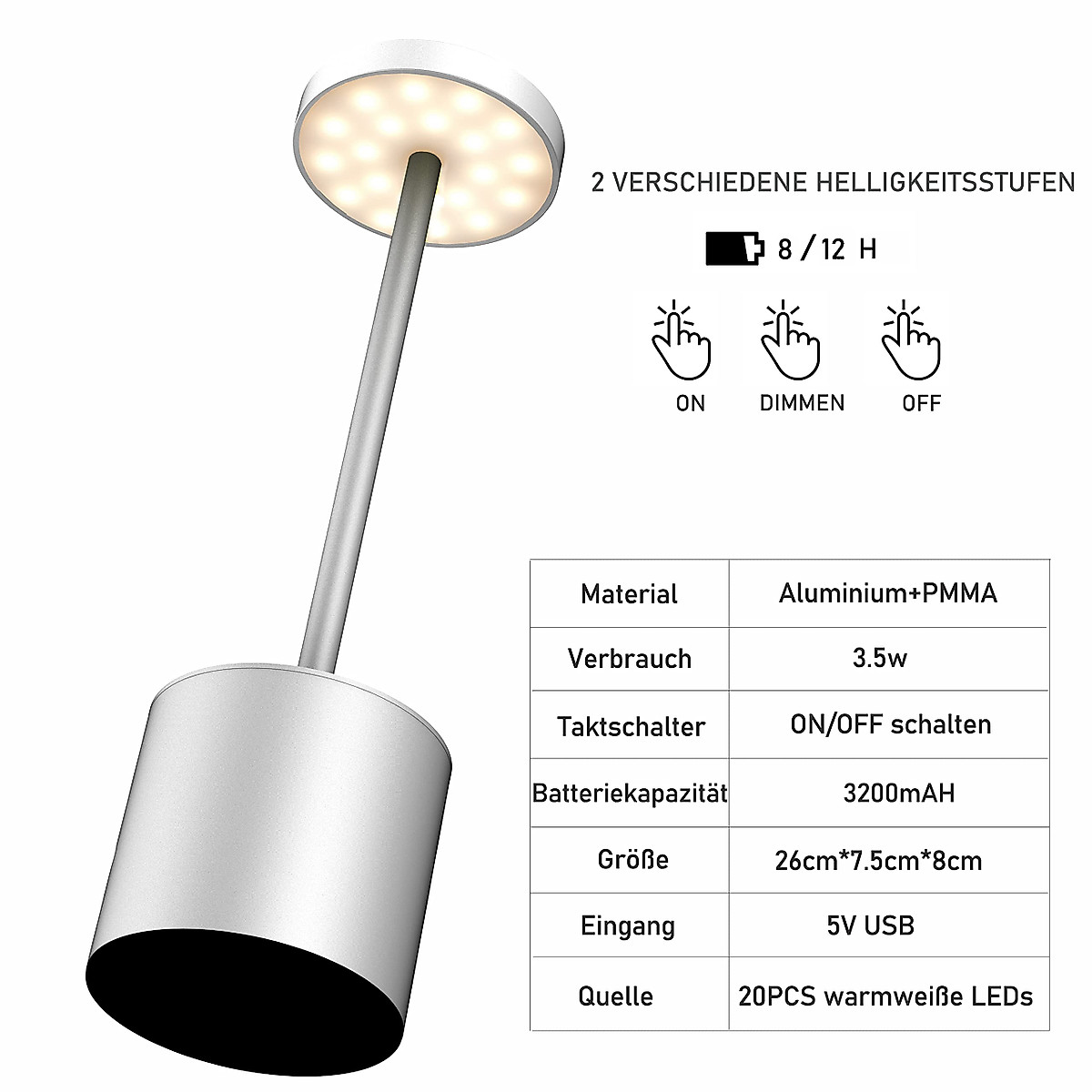 2 Pack Cordless LED Table Lamp, 5000 mAh Rechargeable Battery 3 Lighting Modes Dimmable Light Portable Desk Lamps, for Restaurant, Terrace (Brown)