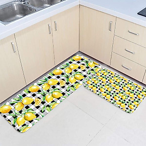 Kitchen Floor Mat Set of 2 Nature Fruit Comfort Cushioned Antifatigue Mats for Standing Waterproof Kitchen Rug Set for Home Office Lemon Black White Buffalo Check Plaid 15.7x23.6inch+15.7x47.2inch