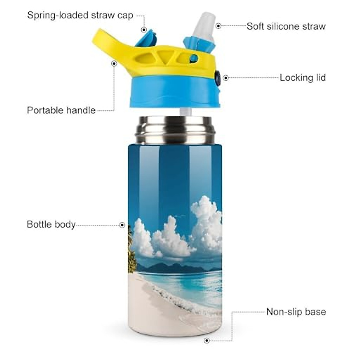 Stainless Steel Water Bottles White Beach Tropical Sea Travel Water Cups with Handle And Silicone Straw Drinking Cup with Leak Proof Lid Thermo Travel Mug for Women Men