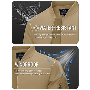 MAGCOMSEN Bomber Jacket Men Light Spring Jackets Lightweight Bomber Jacket Zip Up Light Coat with Pocket Casual Jacket Khaki,L