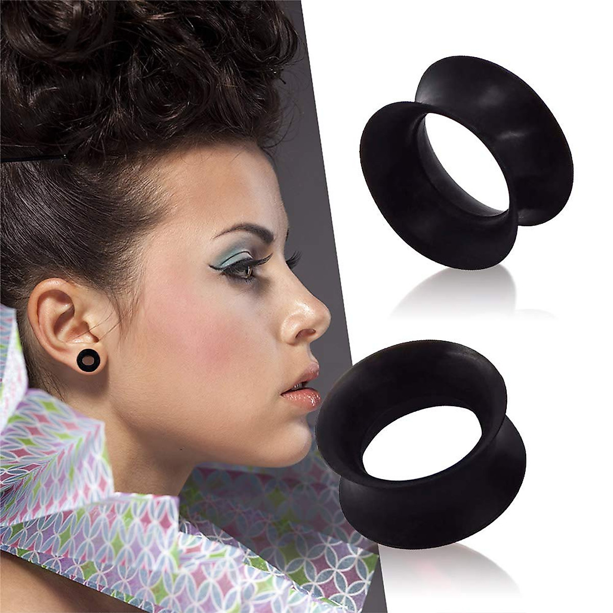 Qmcandy 2 Pair Black Thin Silicone Flexible Ear Skin Hollow Tunnels Plugs Earlets Piercing 00g