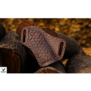 Leather Knife Sheath for Belt, Slanted Pancake Style, Tooled Leather, Cowboy Bull Cutter Cover, Cross Draw, Handmade Stitched with 100% Real Leather (Dark Brown)