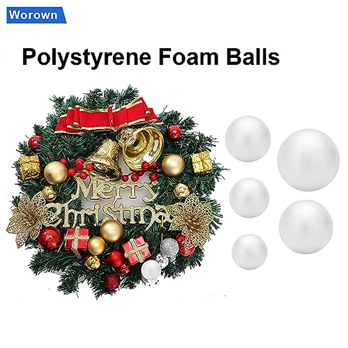 Worown 24 Pack 5 Sizes (1 to 2.4 Inches) White Foam Balls, Solid Polystyrene Balls for Arts & Crafts, Ornaments School Projects Wedding Decorations