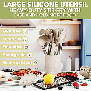 Fyvva Large Cooking Utensils Set, 35 Pcs Spatula Set with Holder, Silicone Kitchen Utensils Set with Stainless Steel Handle, Cheese Grater, Ice Cream Scoop, Pizza Cutter Kitchen Gadgets (Khaki)