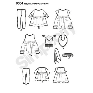 Simplicity US8304A Baby Gear Toddler's Leggings, Dress, Bibs, and Headband Sewing Patterns, Sizes XXS-L