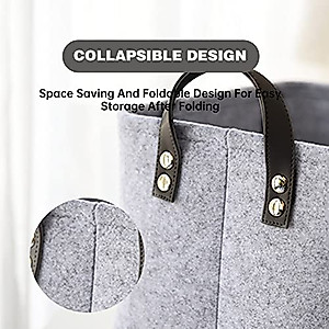 Collapsible Laundry Baskets - Large Laundry Hamper with Leather Handles, Heavy Duty Felt Clothes Hamper, Dirty Laundry Basket/Hamper, Storage Basket for Toys Clothes, Storage Bin for Laundry Room