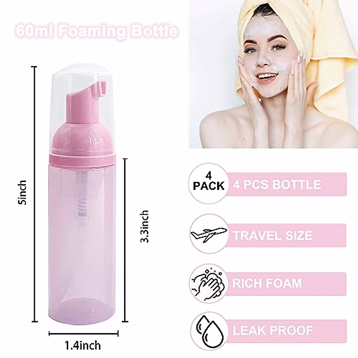 AREMOD 4Pcs 2 oz Lash Shampoo Foaming Bottle Empty Foaming Soap Dispenser Plastic Refillable Travel Pump Bottle for Hand Soap, Shampoo for Toiletries(Pink)