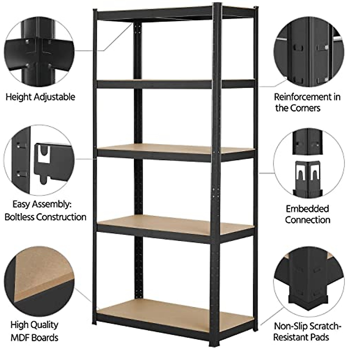 5 Tier Adjustable Boltless Garage Shelving, Heavy Duty Storage Racking Unit, Organizing Metal Shelf for Home Office Workshop Warehouse Household Kitchen, 59" H x 28" W x 12" D, 5 Tier Black DIY Shelf