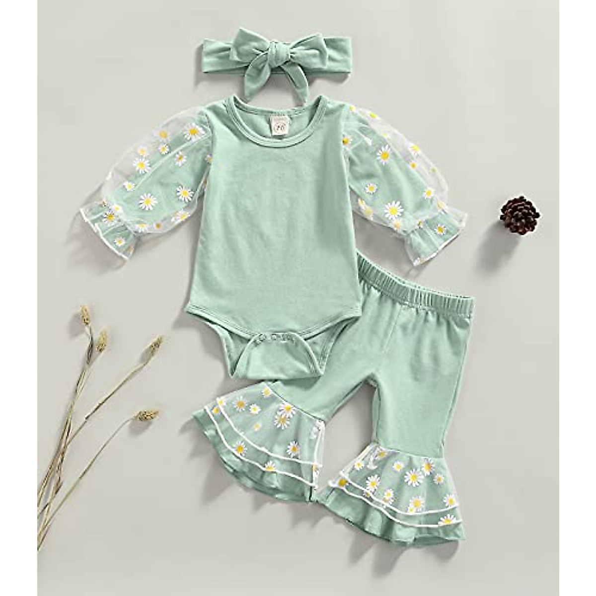Baby Girls Bell Bottoms 3Pcs Daisy Outfits Mesh Patchwork Playsuit Flared Pants Headband (Green, 6-12 Months)
