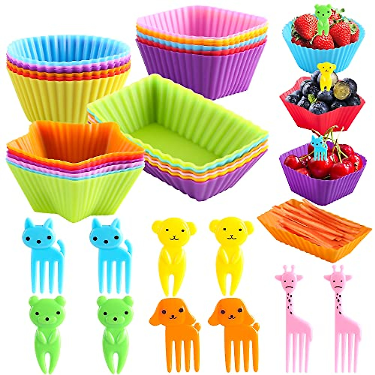 WSmelon Silicone Lunch Box Dividers for kids, 24 pcs Bento Box Dividers with 10 Animal Food Picks,Silicone Bento Box Inserts,Silicone Cupcake Baking Cups,Muffin Pan Liners, Reusable and BPA Free