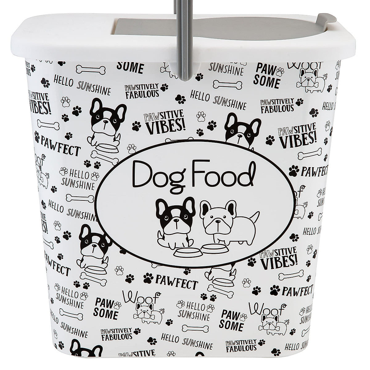 Pounce + Fetch 3 Gallon Pet Dry Food Container with Scooper | Dog Food Organizer | Helps Organize Pantry and Cabinets | Dog & Puppy Print Design | Carrying Handle | Flip Top Lid,White