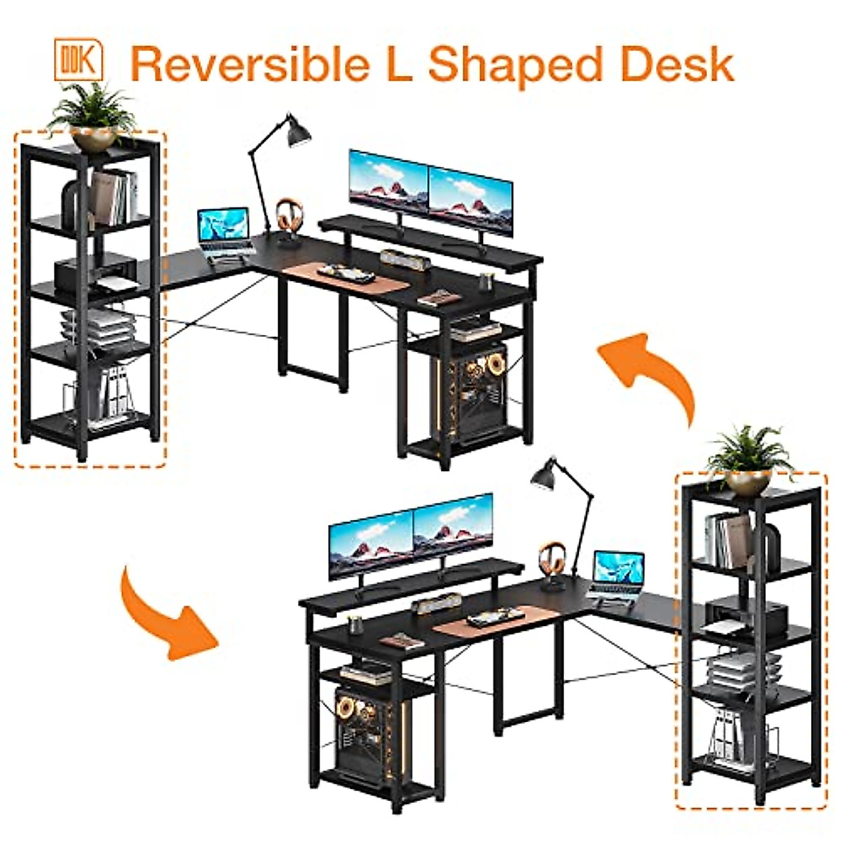ODK L Shaped Desk with Monitor Stand, 54 Inch Home Office Desks with Storage Printer Shelves, Reversible Corner Gaming Desk with Bookshelf for Bedroom, Black