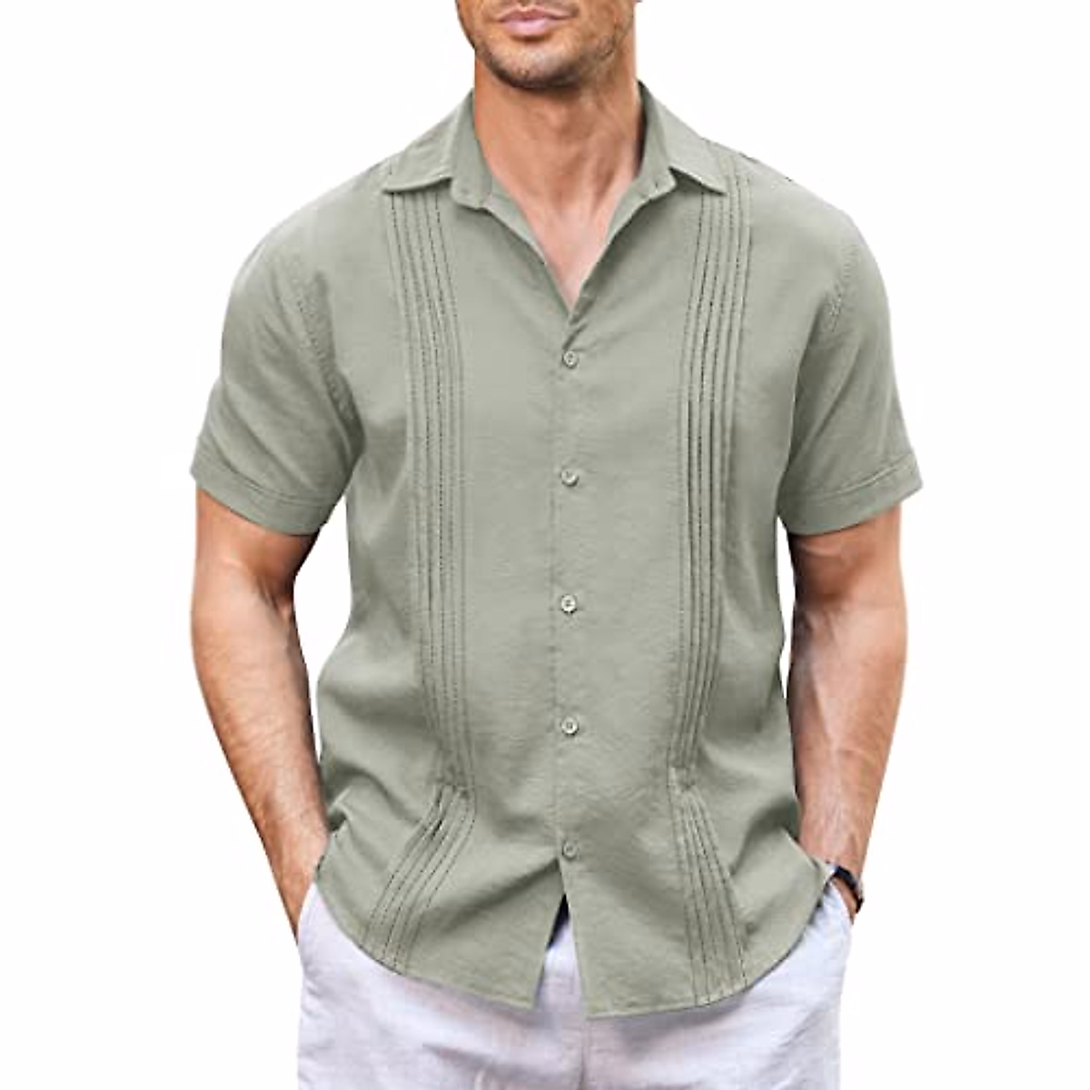 COOFANDY Beach Shirt Linen Guayabera Shirt Mexican Button Up Shirts Beach Casual Light Green