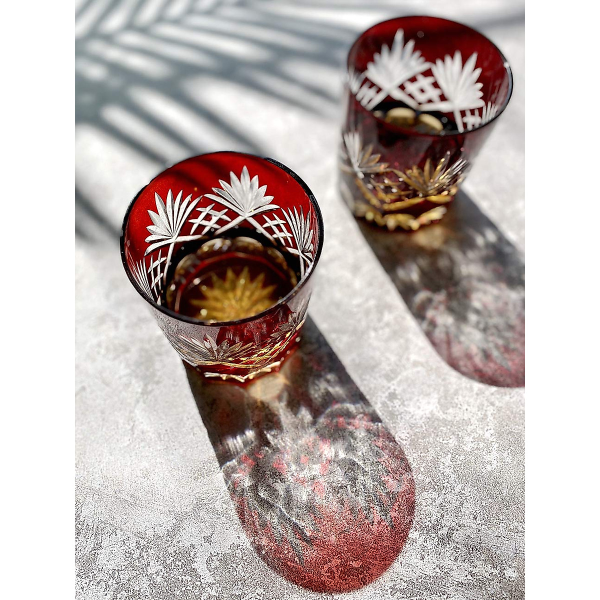 PLEASANT BREEZE Ruby Red Fancy Hand Cutting Wine Glass, Gift Boxed 10 Oz Handmade Old Fashioned Glass