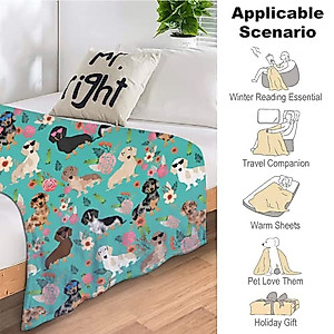 Dachshund Dog Flowers Florals Blanket Soft Fleece Throw Blanket Cozy Fuzzy Warm Flannel Blankets for Women Men for Couch Bed Sofa All Season Gift