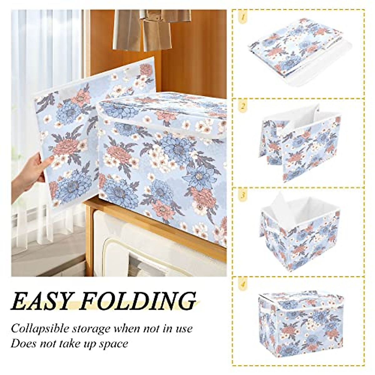 Kigai Storage Basket Floral Pattern Storage Boxes with Lids and Handle, Large Storage Cube Bin Collapsible for Shelves Closet Bedroom Living Room, 16.5x12.6x11.8 In