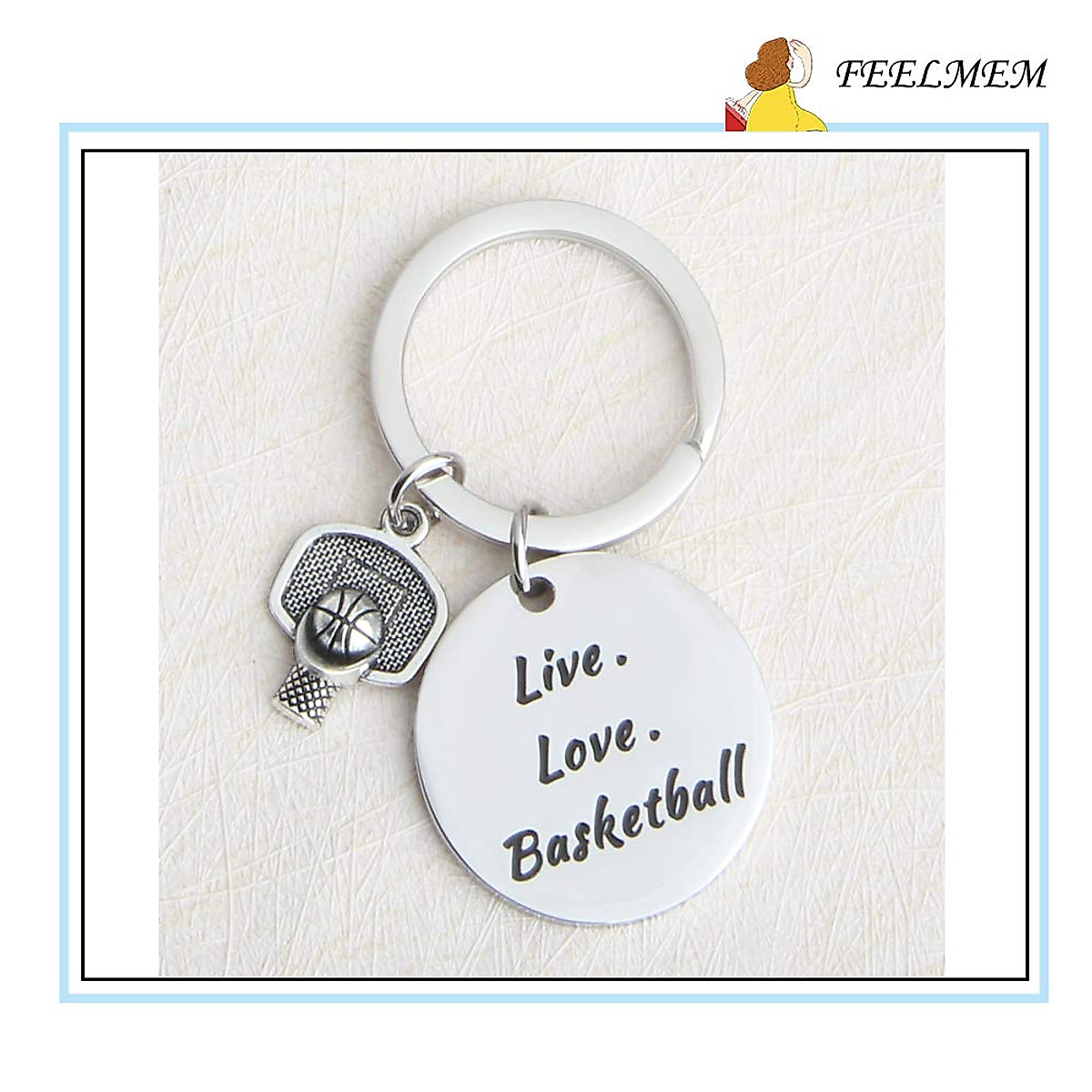 FEELMEM Sports Charms Live Love Basketball Keychain Basketball Hoop Basketball Jewelry Fitness Jewelry Keyring Gift for Players & Coaches (Silver)