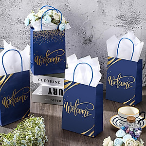 Kosiz 50 Sets Welcome Gift Bags Bulk with Handles and Tissue Paper Welcome to Our Church Gift Bags Kraft Paper Welcome Bags for Wedding Guests Hotel Church Visitors Birthday Party Supplies(Navy Blue)