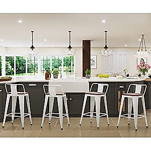 Sophia & William 24 Inch Metal Bar Stools Set of 4 Counter Height Detachable Low Back Bar Stools with Wooden Seat,Indoor/Outdoor Barstools,Creamy White