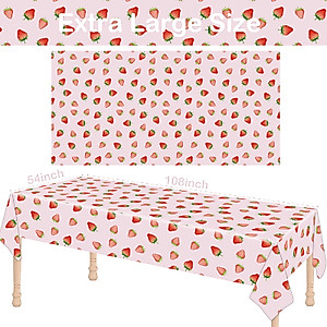 HTONTB 3PCS Strawberry Party Tablecloth,Strawberry Birthday Decorations 54X108INCH Disposable Plastic Rectangle Table Cover for Kids Girls Sweet Party Berry,Birthday Baby Shower Decoration