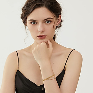 YADUDA Layered Dainty Gold Bracelets for Women Chain Link Paperclip with Colorful Crystal, Adjustable 14K Gold Plated Colorful Beaded Trendy Bracelets