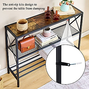 Hoctieon Industrial Console Table, 3 Tier Entryway Table, Hallway Table, Narrow Sofa Table with Shelves, Entrance Table for Entryway, Living Room, Foyer, Hallway, Office, Rustic Brown&Black