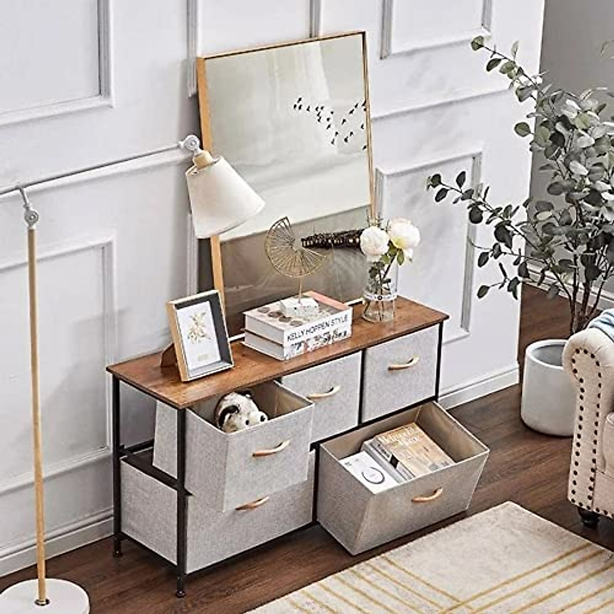 ZSEDP 5 Drawer Dresser Storage Organizer Cabinet for Bedroom Living Room Hallway Entryway Closet with Wide Sturdy Steel Frame Wood Top