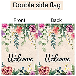 Louise Maelys Welcome Spring Summer Garden Flag 12x18 Double Sided, Burlap Small Vertical Spring Floral Flower Garden Yard Flags for Outside Outdoor House Seasonal Decoration (ONLY FLAG)