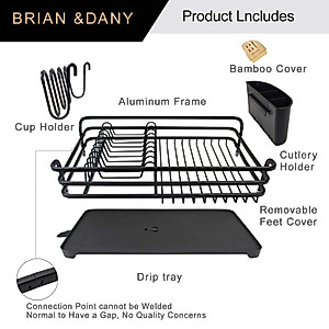BRIAN & DANY Aluminum Dish Drying Rack, Dish Racks for Kitchen Counter, Dish Drainer with Removable Cutlery Holder & Cup Holder, 16.5" L x 11.8" W, Black