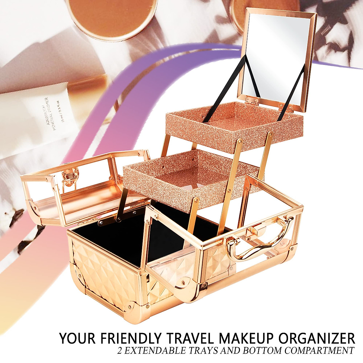 Ver Beauty Makeup Box Cosmetic Train Case with Clear Armored Acrylic Jewelry Organizer with 2 Tiers Trays and Mirror Lockable Portable Travel Cosmetic Display Aluminum Case (Rose Gold Diamond)